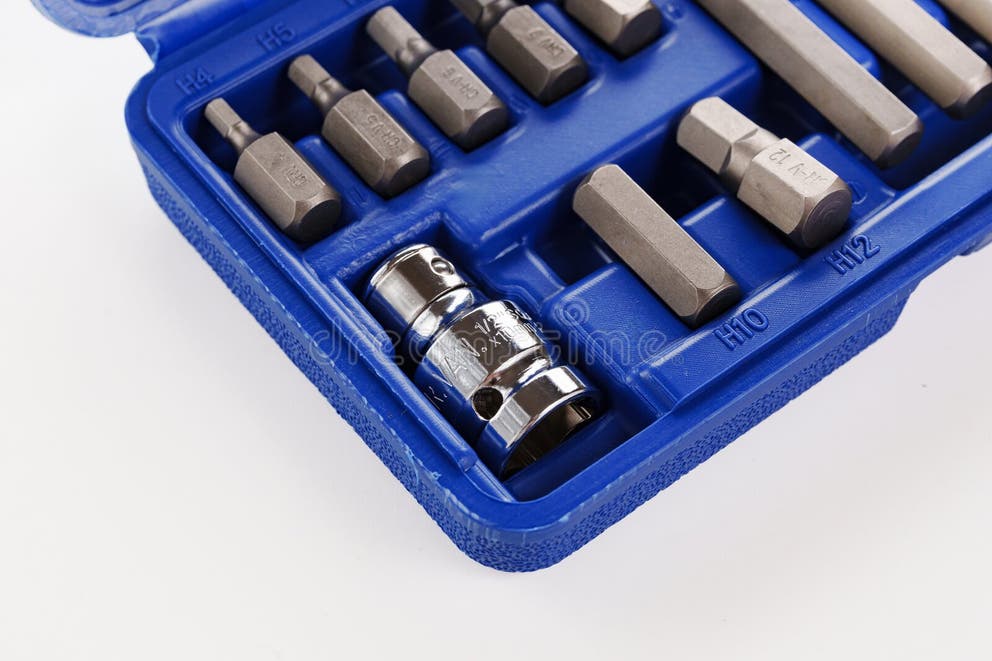 Part of a Set of Single-sided Chrome Steel Bits in a Blue Plastic Box ...