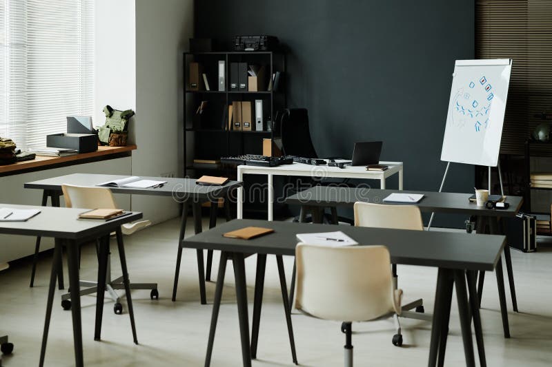 Part of Spacious Classroom with Two Rows of Desks with Chairs Stock ...