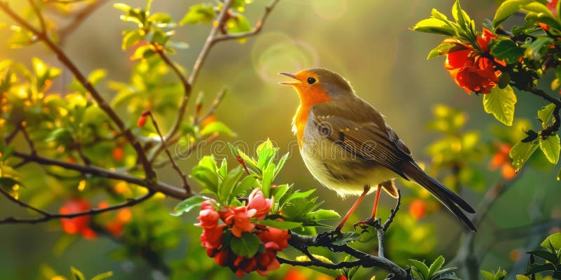 A Robin Bird in a Tree Singing Song at Sunrise. Created with AI Stock ...
