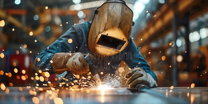 A Woman is Welding in Workshop, Operating Welding Machine, Wearing ...