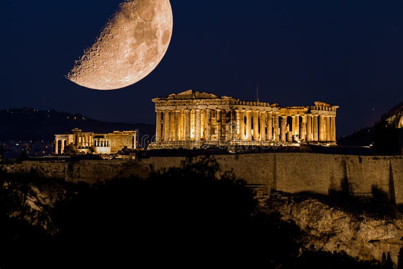 Parthenon of Athens Under a Huge Magnificent Moon, at Dusk Time Stock ...