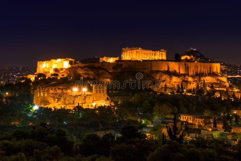 Athens and Parthenon Night Lights Stock Image - Image of dusk ...