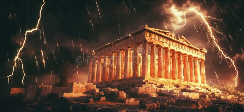 Parthenon Temple Illuminated by Lightning during Stormy Night in Athens ...