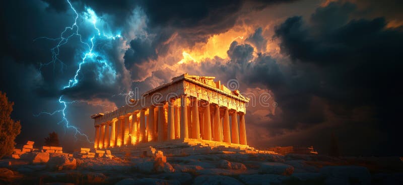 Parthenon Temple Under Dramatic Lightning Storm at Sunset in Athens ...