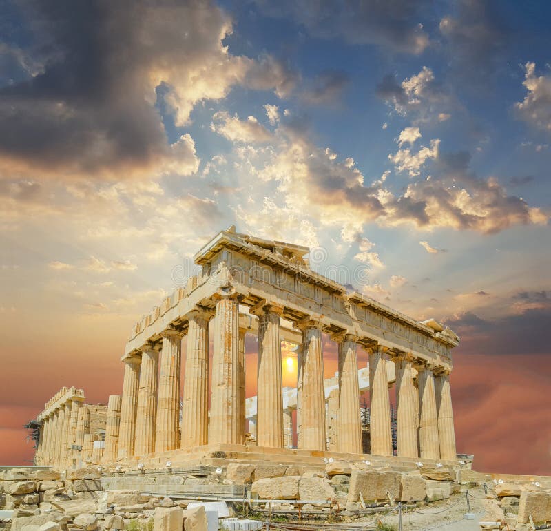 Partheon Athens Greece Sunset Clouds Sun Stock Photo - Image of marble ...