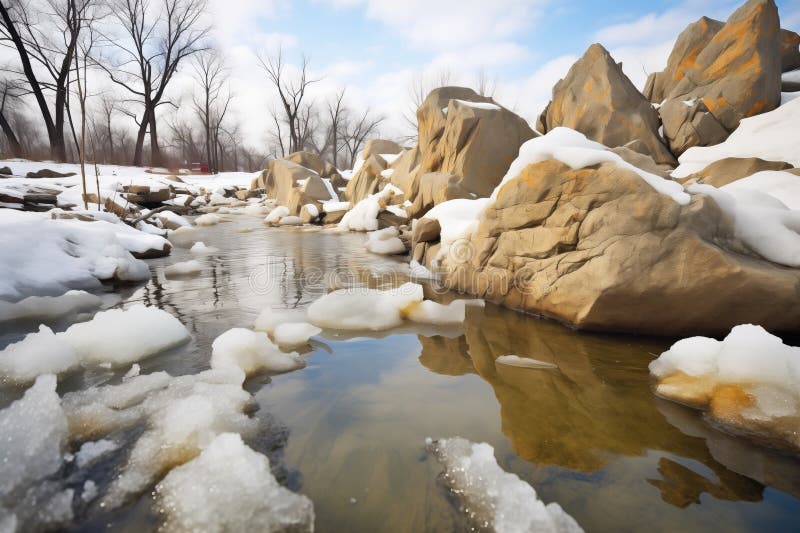 Partial Ice Cover Around River Rocks and Boulders Stock Illustration ...