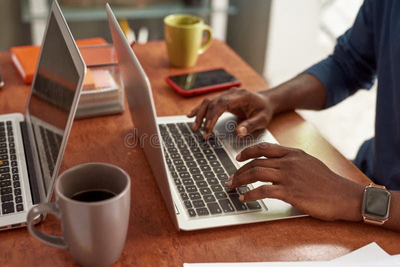 Partial Image of Black Man Typing on Laptop Stock Image - Image of ...