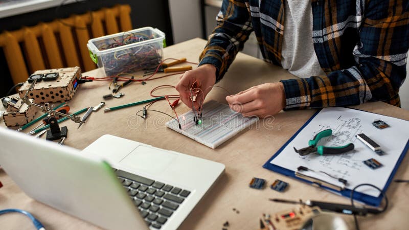 Partial Male Technician Connect Wires and Cables Stock Photo - Image of ...