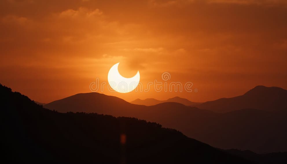 Partial Solar Eclipse Over Mountains at Sunset. Stock Image - Image of ...