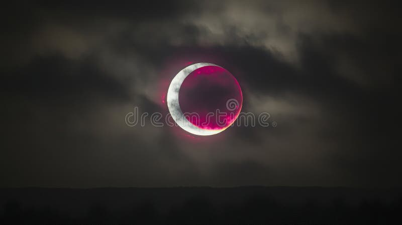 A Partial Solar Eclipse with a Red Ring of Fire and a White Outline, Visible through Dark Clouds ...