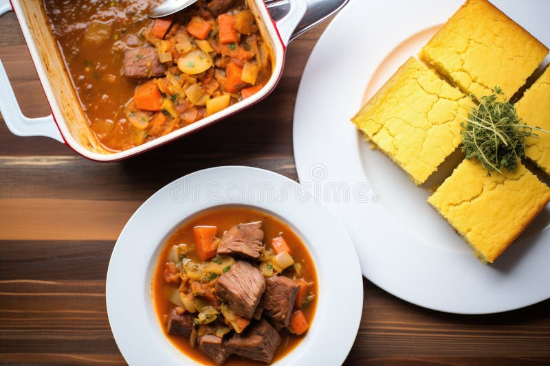 Partial Top View of Beef Stew, Cornbread on the Side Stock Illustration ...
