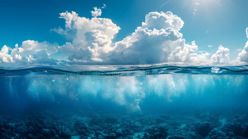 Partial Underwater View of Coral Reef with Cloud Reflections in Blue ...