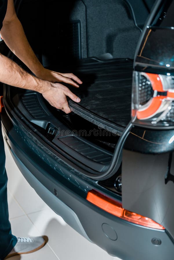 Partial View of Auto Mechanic Checking Car Trunk Stock Photo - Image of ...