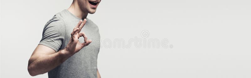View of Smiling Man Showing Ok Gesture Isolated on Grey, Panoramic Shot ...