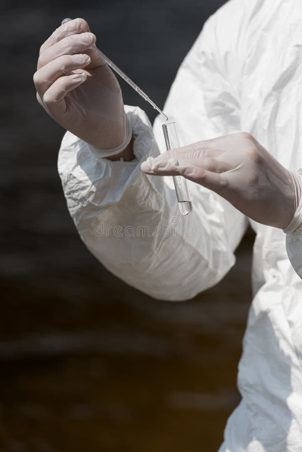 View of Water Inspector in Latex Gloves with Test Tube Taking Water ...