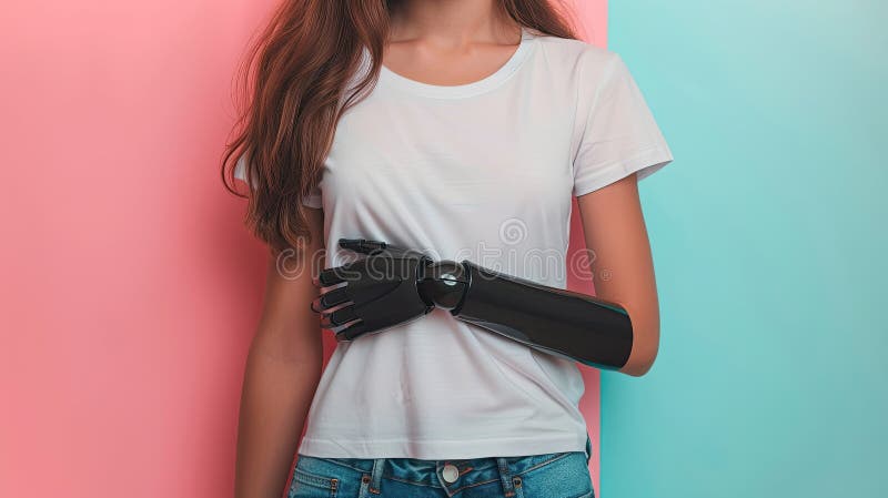 Partial View of a Woman with a Robotic Prosthetic Hand on a Pink and ...