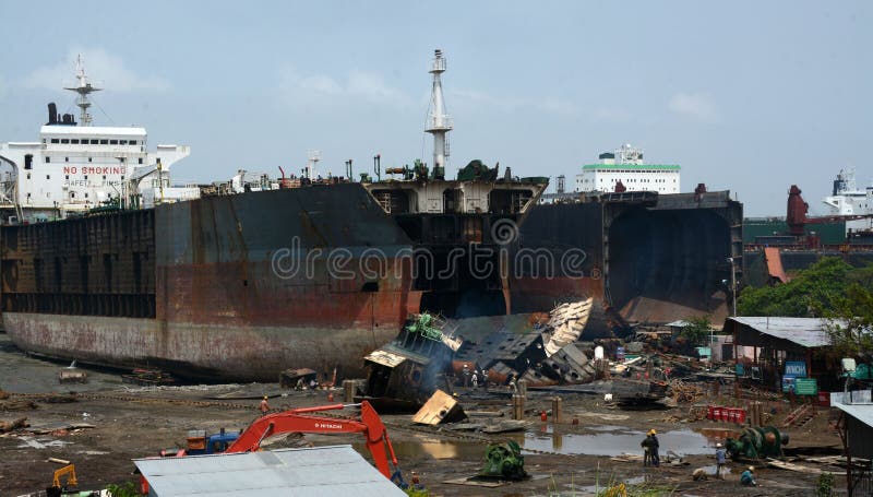 Partially Broken Down Ocean Ships at a Shipbreaking Yard. Inside of ...