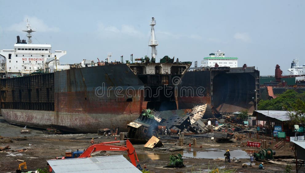 Partially Broken Down Ocean Ships at a Shipbreaking Yard. Inside of ...