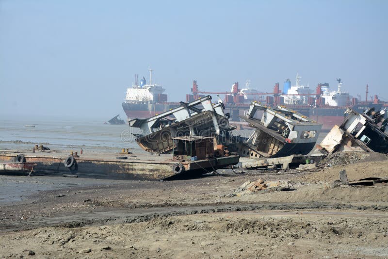 Partially Broken Down Ocean Ships at a Shipbreaking Yard. Inside of ...