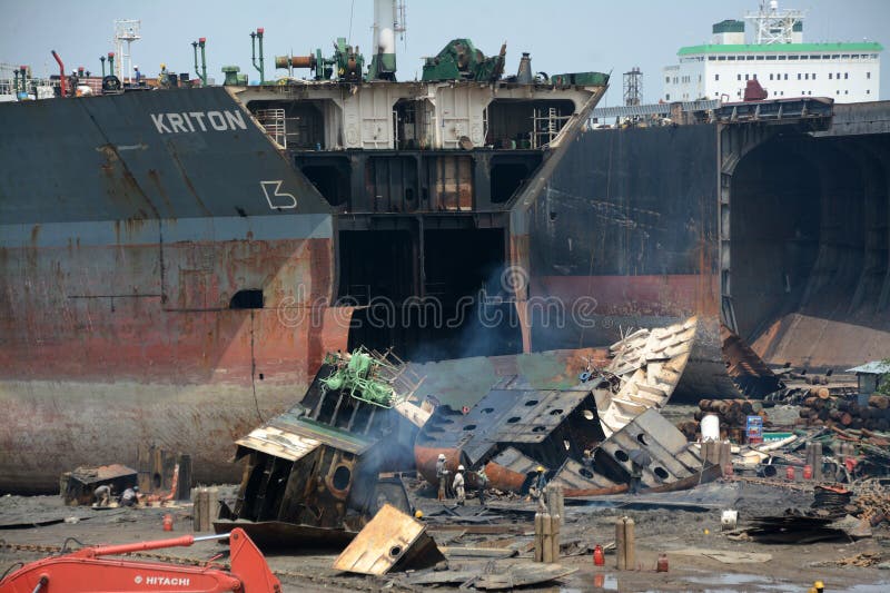 Partially Broken Down Ocean Ships at a Shipbreaking Yard. Inside of ...