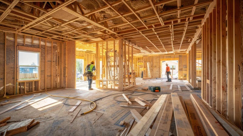 A Partially Built Structure with Exposed Beams and Workers Installing ...