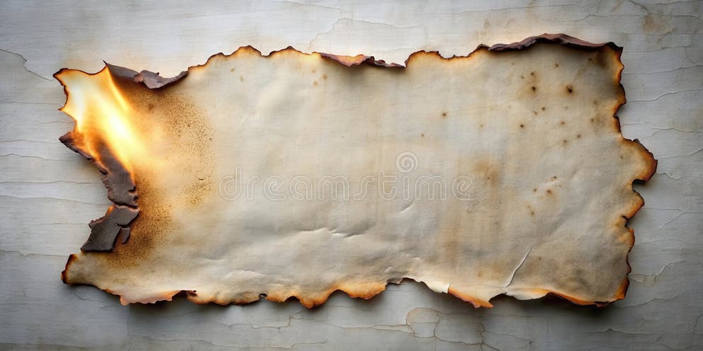A Partially Burned Sheet of Paper with Scorched Edges and Flame on a ...