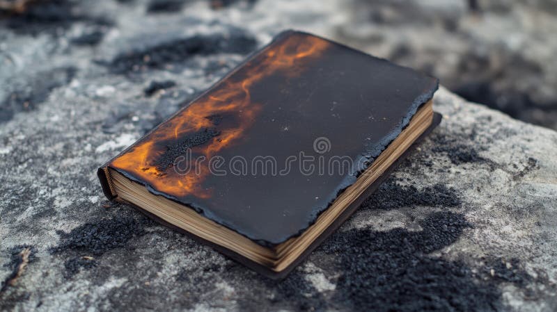 Partially Burnt Notebook Resting on Concrete with Charred Edges and ...