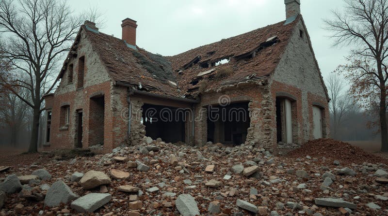 Partially Collapsed Brick House with Rubble in a Post-Apocalyptic ...