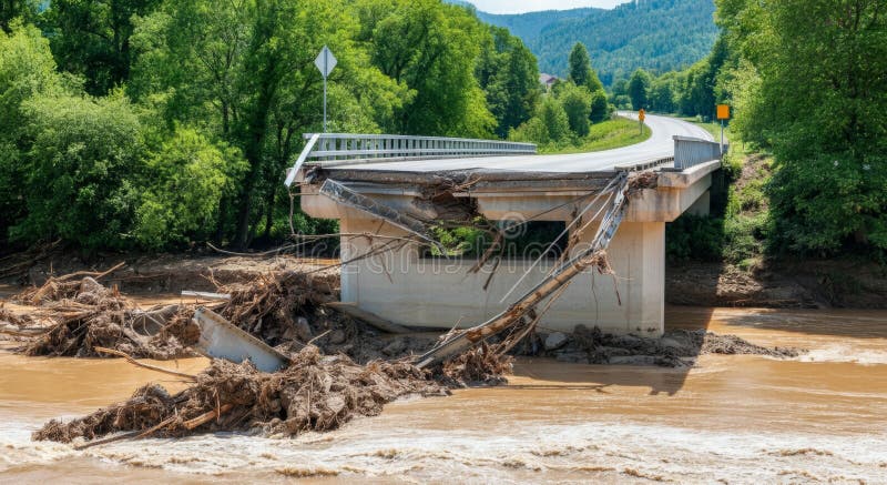 Partially Collapsed Bridge Over Flooded River Surrounded by Lush ...