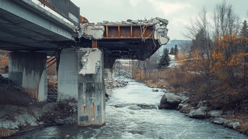 A Partially Collapsed Bridge Over a River Stock Illustration ...