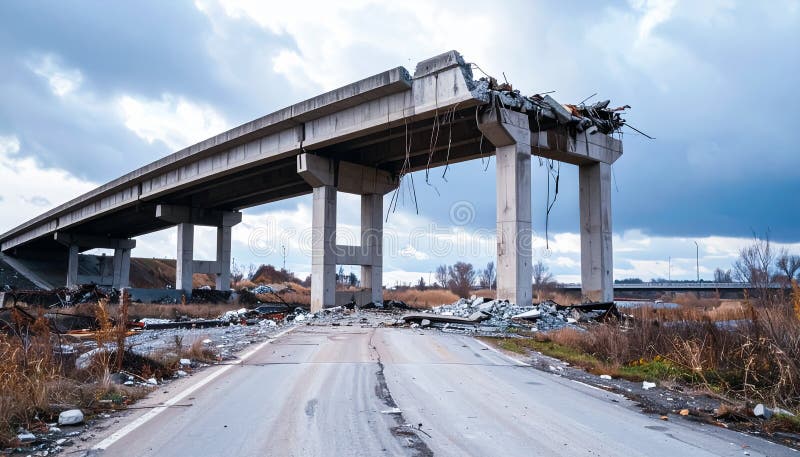 Partially Collapsed Concrete Flyover with Exposed Steel and Ruined Road ...