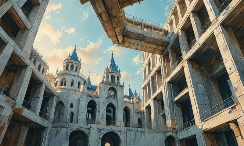 Partially Constructed Building with Arched Windows and Central Tower ...