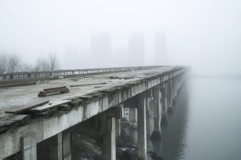 Half-built Concrete Bridge with Construction Tools Alongside a Foggy ...