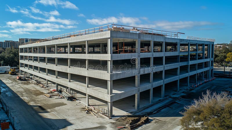 A Partially Constructed Concrete Parking Garage with Multiple Levels is ...