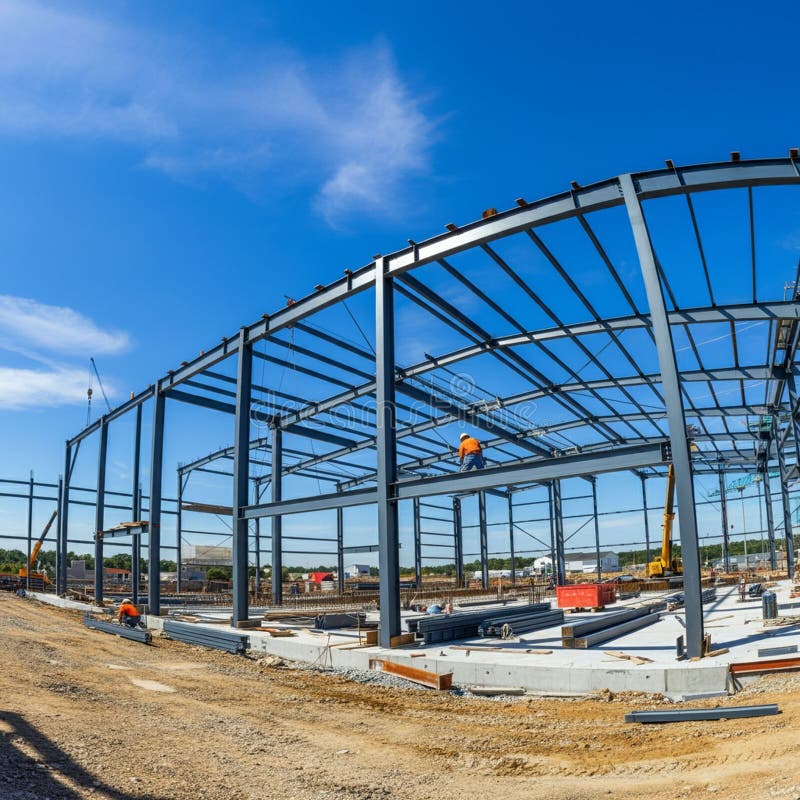 A Partially Constructed Steel Building Framework Stands Under a Clear ...