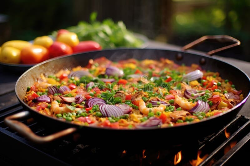 Partially Cooked Paella with Raw Ingredients at the Side Stock Image ...