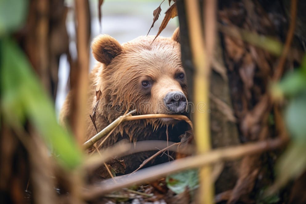 Partially Covered Bear in Den Opening Stock Photo - Image of forest ...