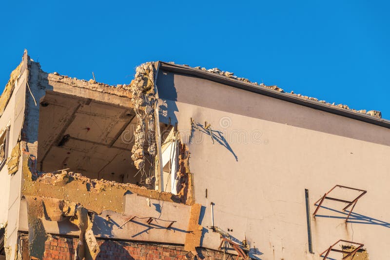 Partially Demolished Building with Exposed Bricks and Concrete Stock ...