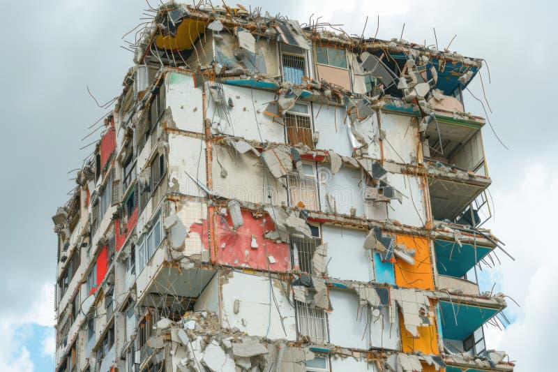 Partially Demolished Building with Exposed Interiors and Debris Stock ...