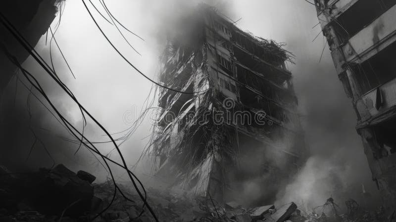 A Partially Destroyed Building Emitting Smoke and Dust Stock ...