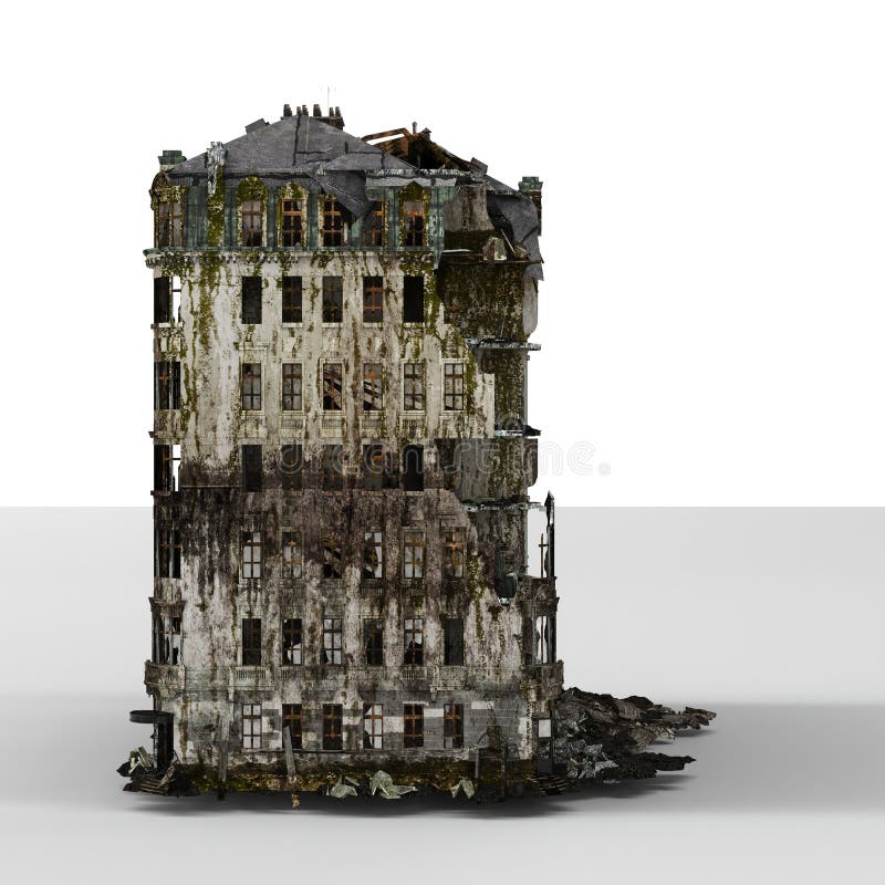 Partially Dilapidated Building on a White Background, 3D Rendered Stock ...