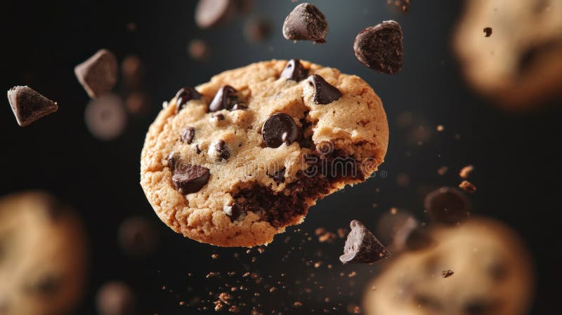 Partially Eaten Chocolate Chip Cookie in Air with Falling Chips Stock ...