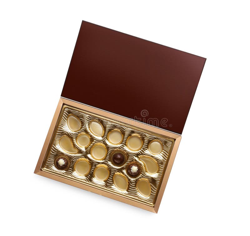 Partially Empty Box of Chocolate Candies Isolated on White, Top View ...