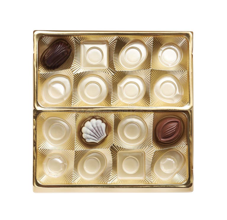 Partially Empty Box of Chocolate Candies Isolated on White, Top View ...