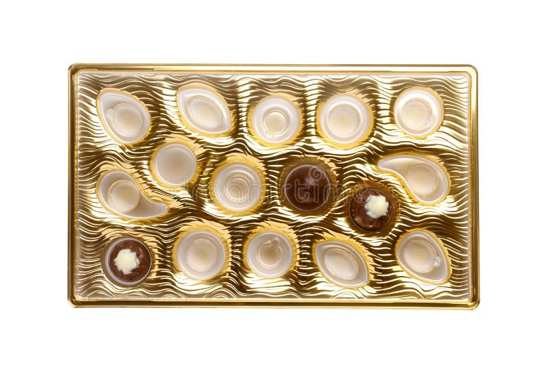 Partially Empty Box of Chocolate Candies Isolated on White, Top View ...
