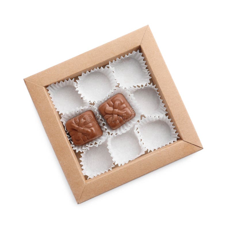 Partially Empty Box of Chocolate Candies Isolated on White, Top View ...