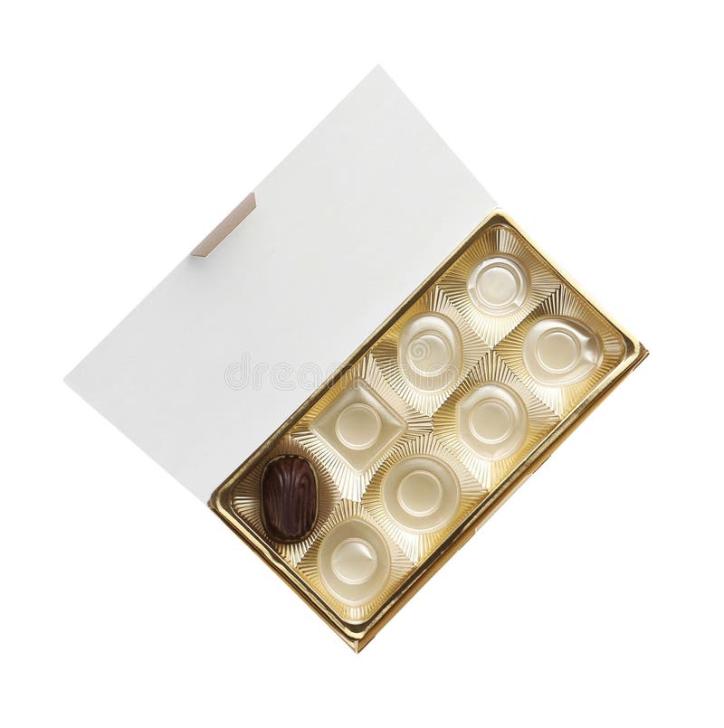 Partially Empty Box of Chocolate Candies on Red Background, Top View ...