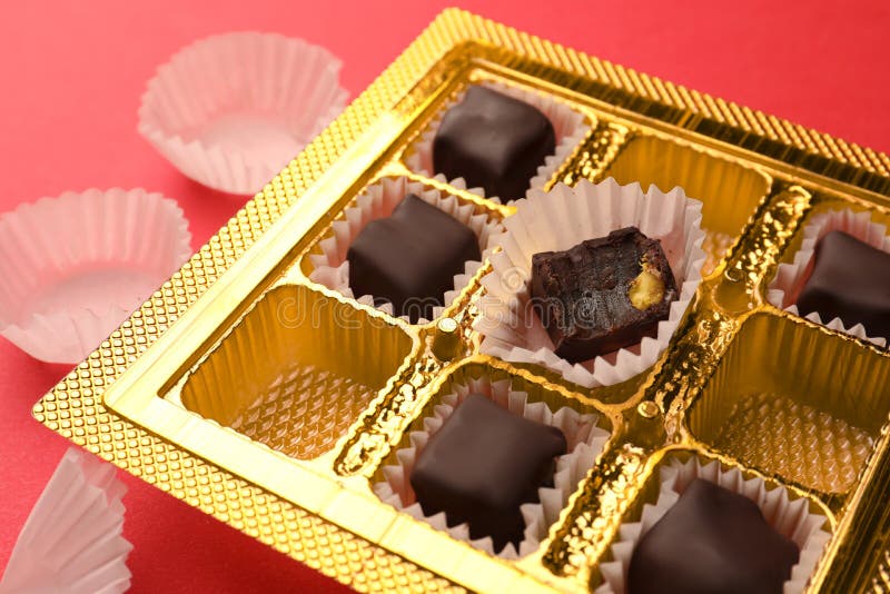 Partially Empty Box of Chocolate Candies, Closeup Stock Photo - Image ...