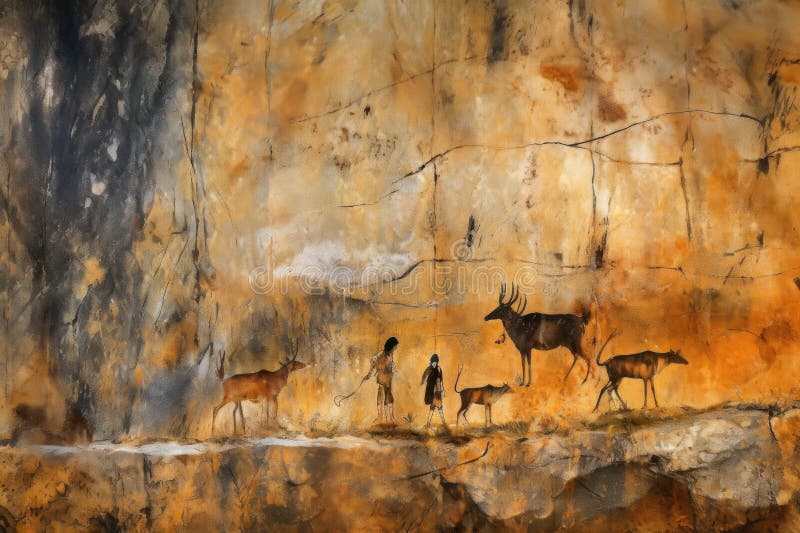 Partially Eroded Cave Painting of a Hunting Scene Stock Illustration ...