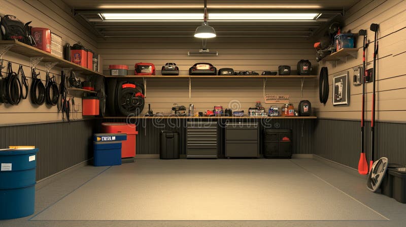 Partially Finished Garage with Raw Walls and Storage Shelving, Ready ...